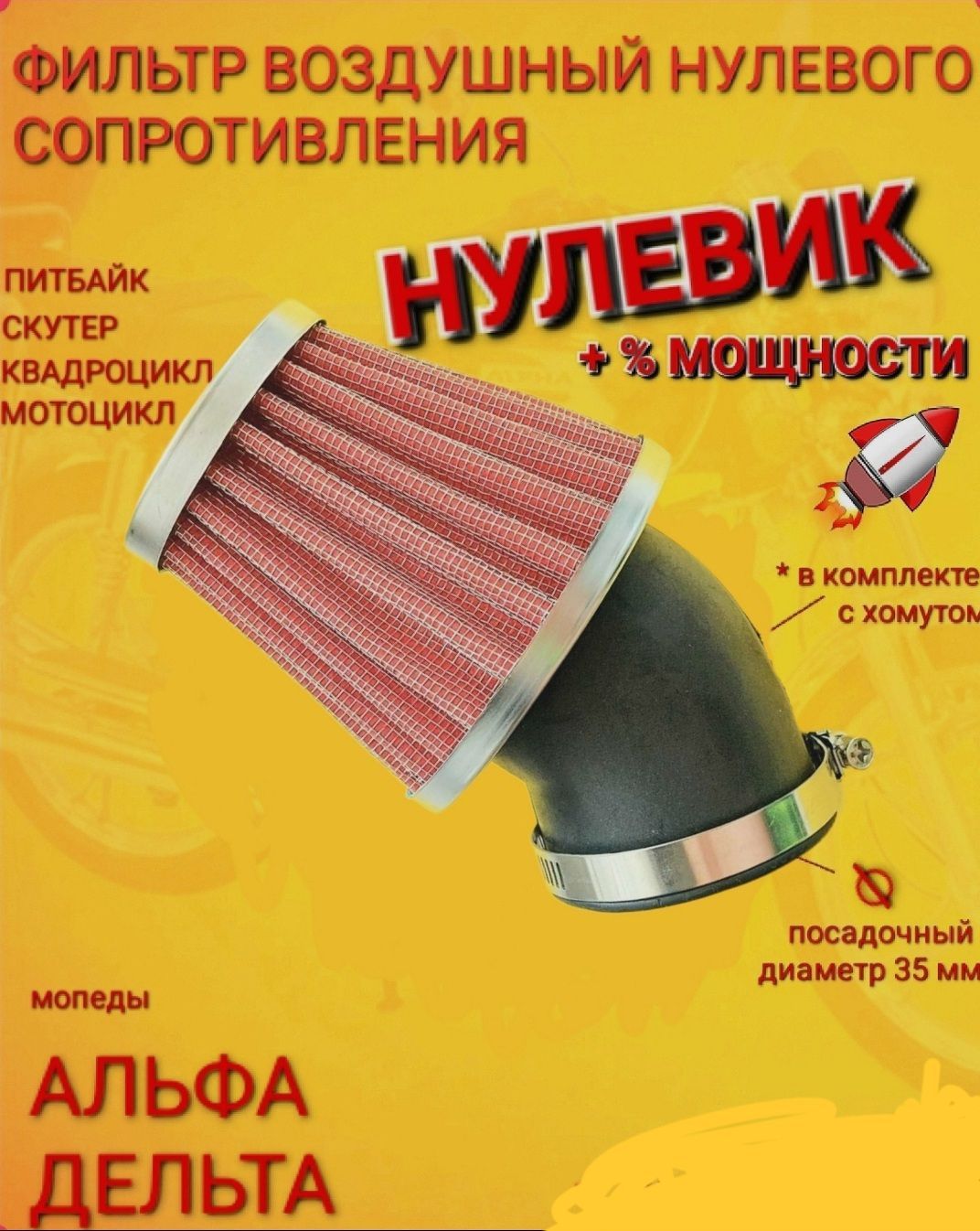 Фильтр воздушный нулевого сопротивления(нулевик) мопед Альфа Дельта Зодиак Питбайк ATV диам35мм
