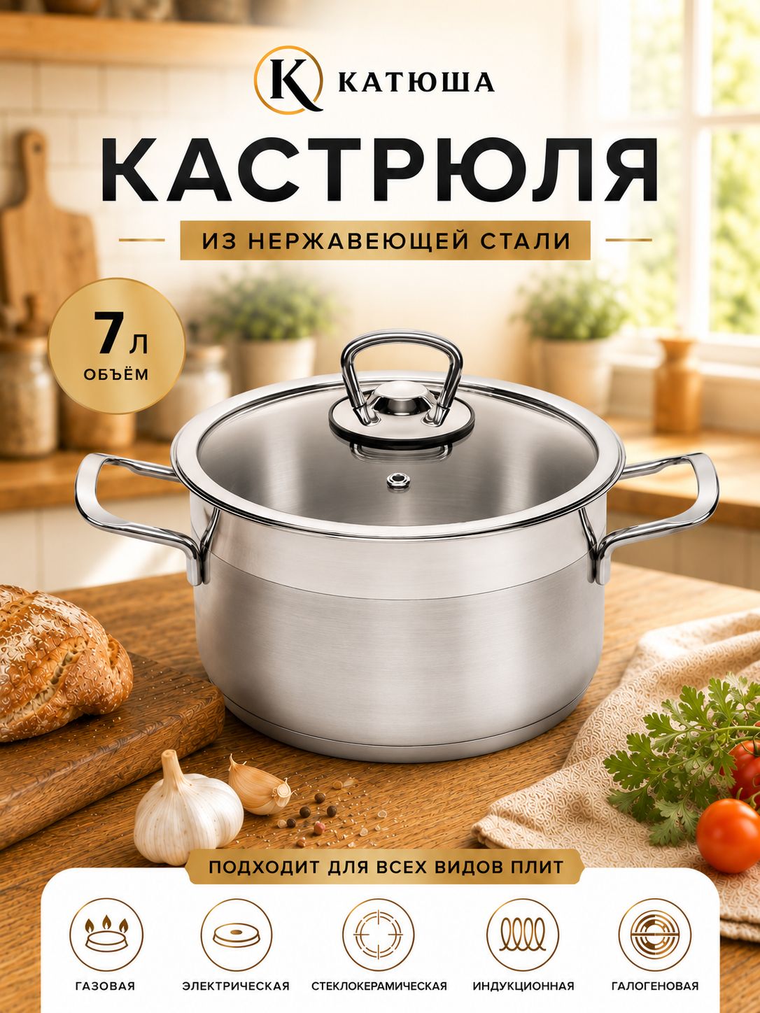 Кастрюля для индукционных плит с крышкой 7 л София (кастрюля из нержавеющей стали)