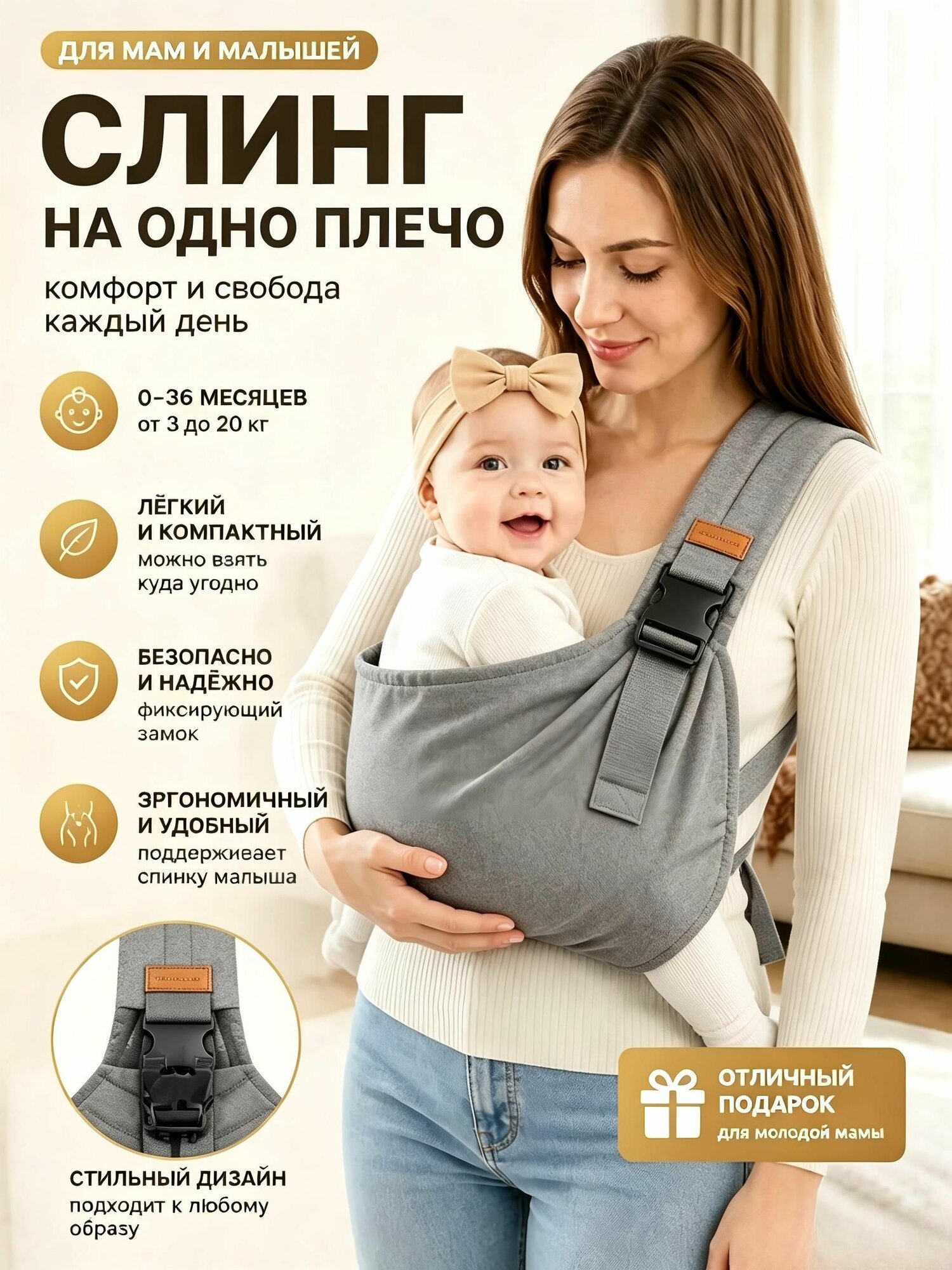 Переноска для новорожденных слинг серая