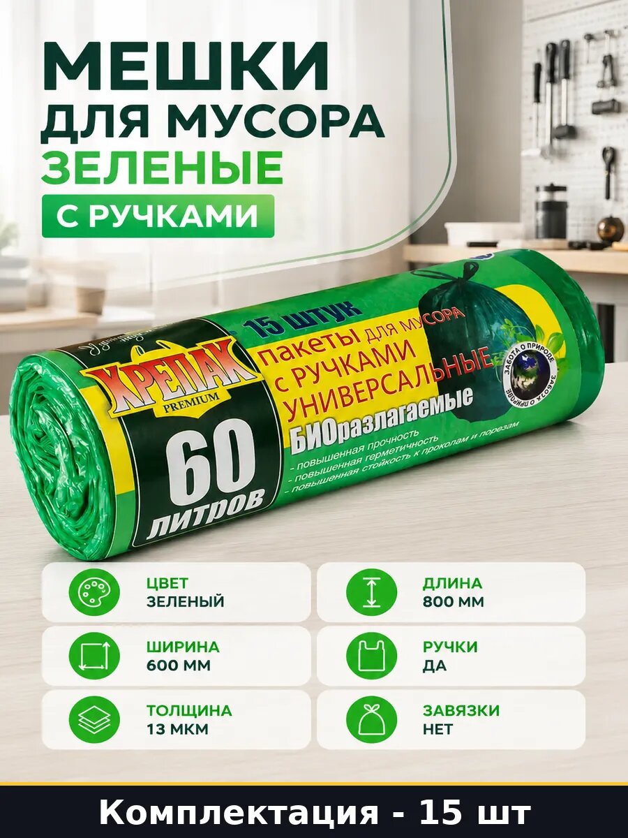 Мешки для мусора биоразлагаемые с ручками 60 литров, зеленые, полиэтиленовые, в рулоне, 80 на 60 см, 13 мкм