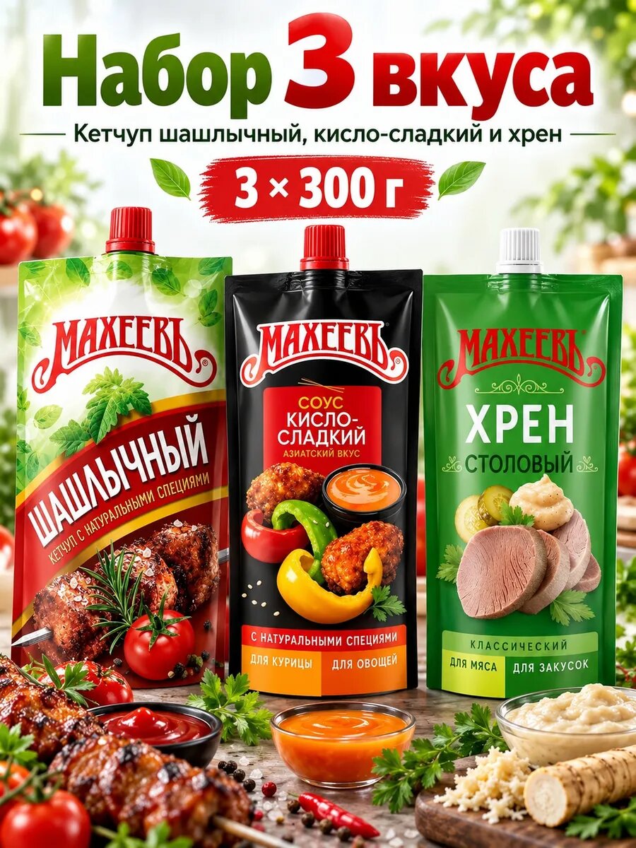 Набор соусов Махеевъ Кетчуп шашлычный, кисло-сладкий и хрен, 3 вида: кетчуп шашлычный, кисло-сладкий, хрен, соусы к мясу, шашлыку и салатам в одном заказе