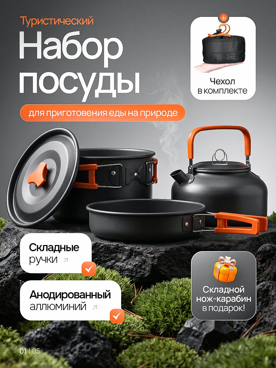 Туристический набор посуды для похода и пикника — походная посуда с тефлоновым покрытием