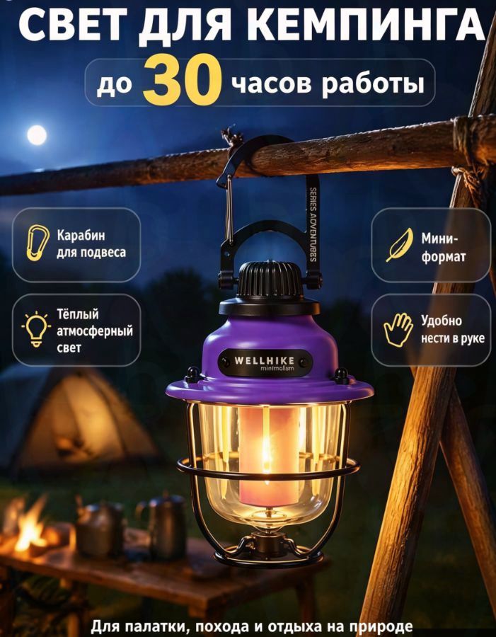 Фонарь WELLHIKE для палатки с карабином, емкость аккумулятора 2000 мАч