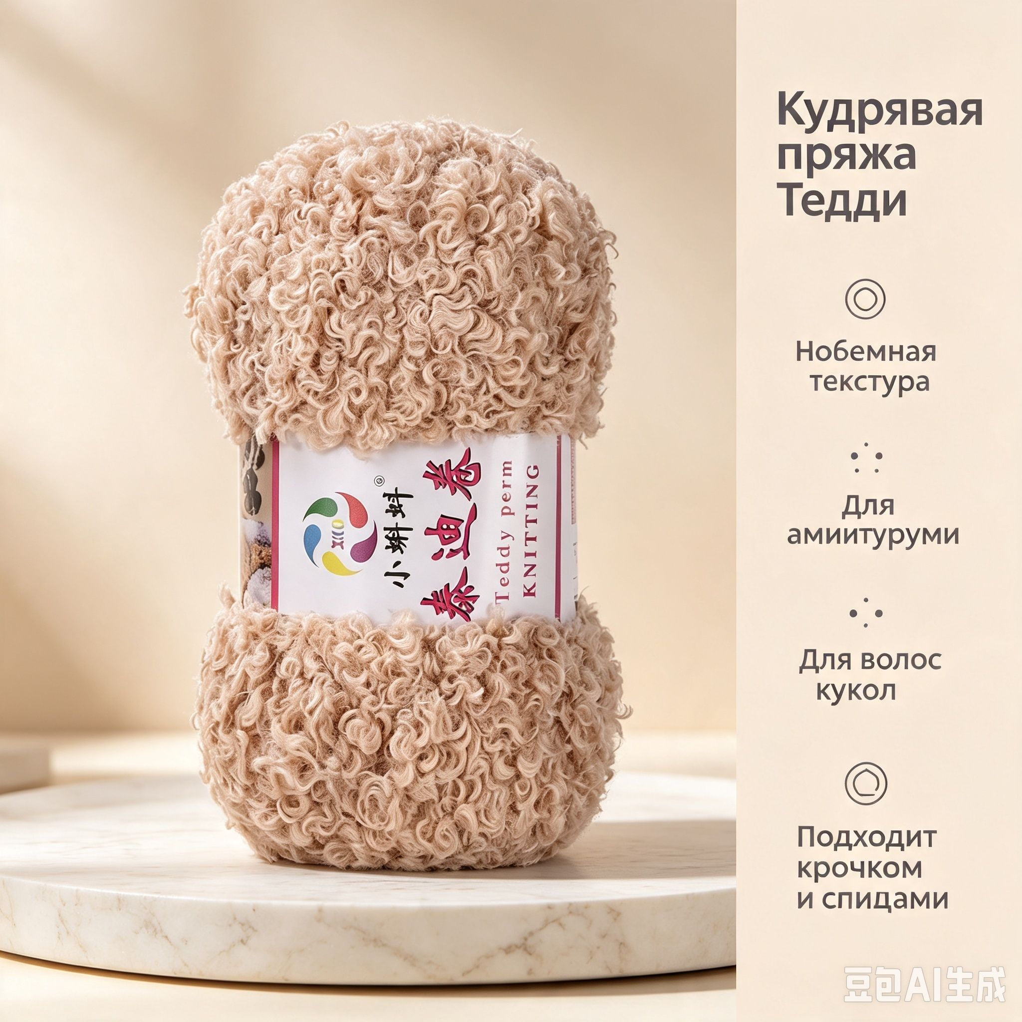 Пряжа плюшевая кудрявая Teddy Perm, 100 г, для вязания крючком, кукол, шарфов и шапок