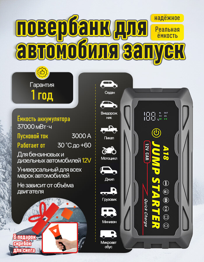 Пусковое зарядное устройство (бустер) для автомобиля, портативное, 37000 мАч, в защитном кейсе, для бензиновых и дизельных авто 12V
