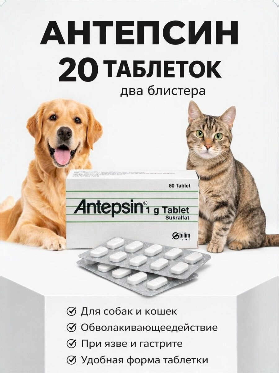 Антепсин 1г (Antepsin 1g) 20 таблеток для животных (срок годности 10/2029)