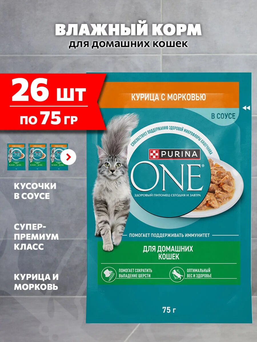 Корм влажный Purina One для взрослых кошек, живущих дома, курица и морковь в соусе, 75 г х 26 шт