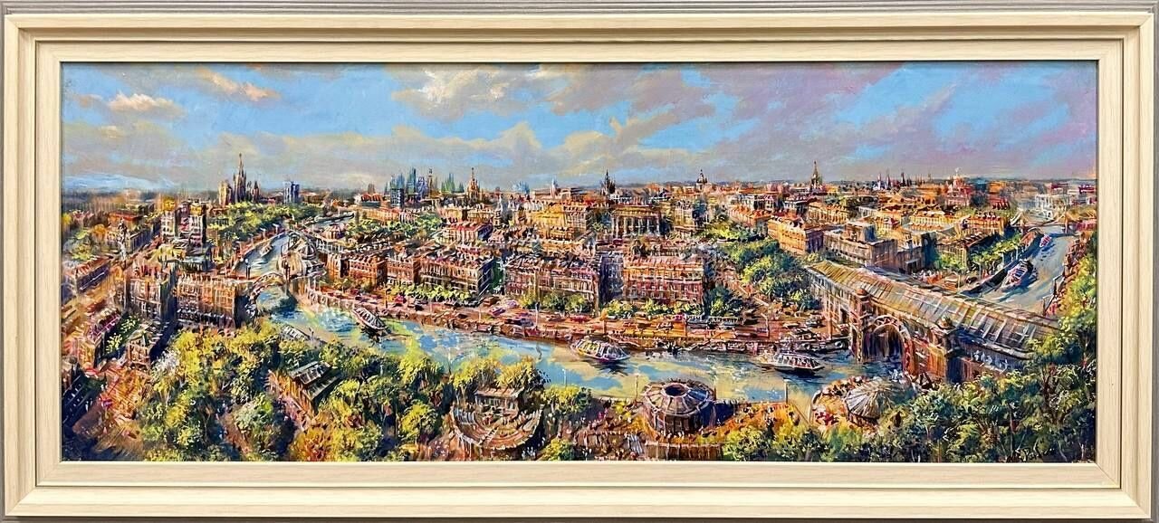 Картина маслом, городской пейзаж "Москва. Андреевский мост". Холст/Масло 2024. Размер 40х100. Автор Михаил Рыбин.