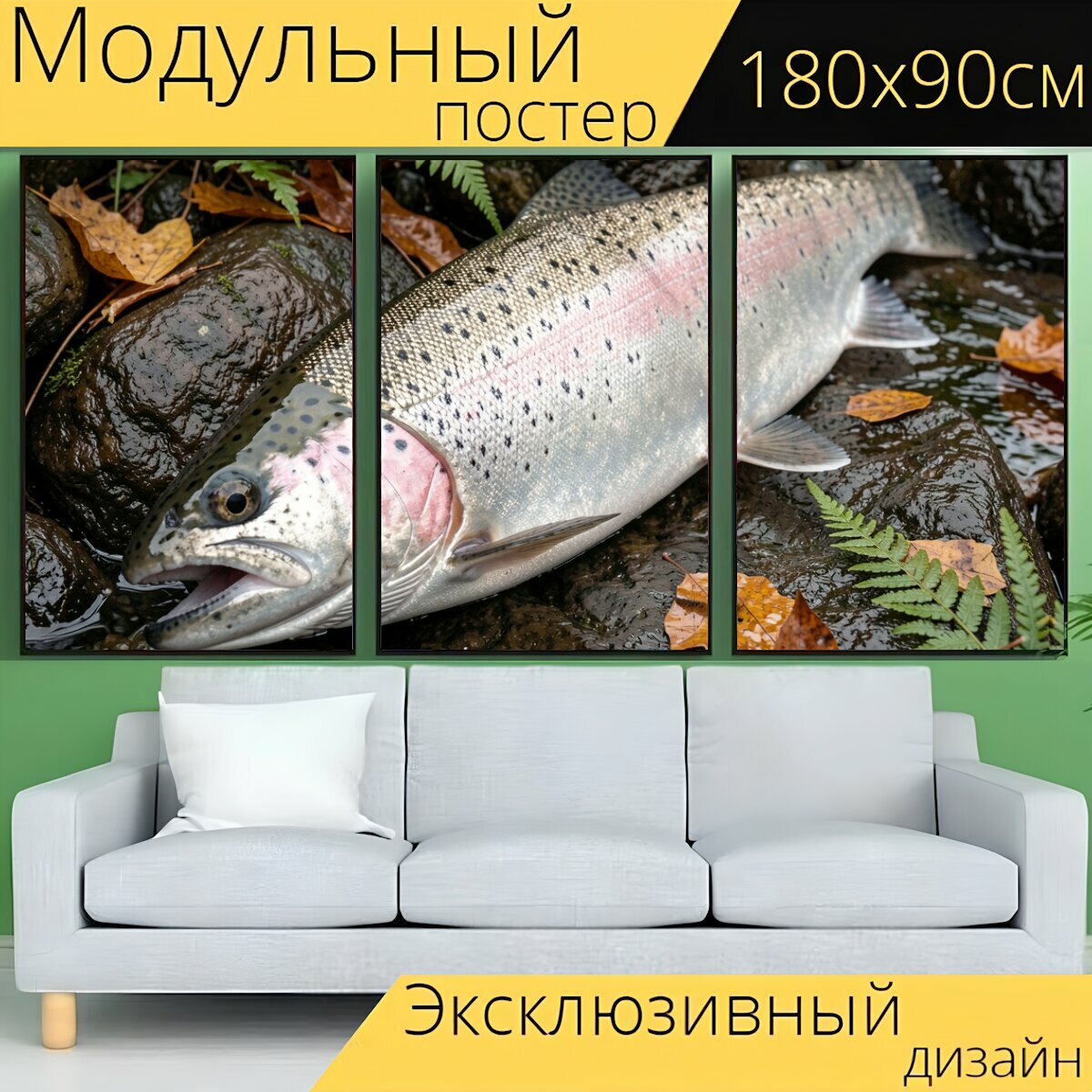 Модульный постер "Рыба в горном ручье. Крупный серебристый лосось лежит на мокрых камнях среди папоротников и осенних листьев." 180 x 90 см. для интерьера на стену в тубусе
