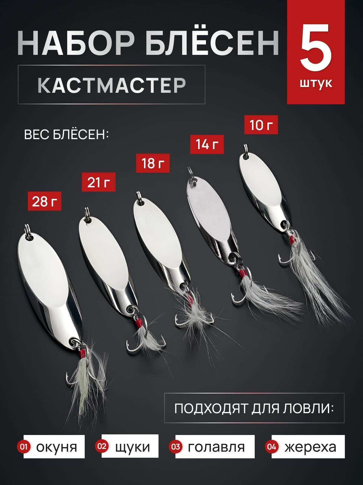 Блесны Кононеныч Кастмастер, набор, 5 шт
