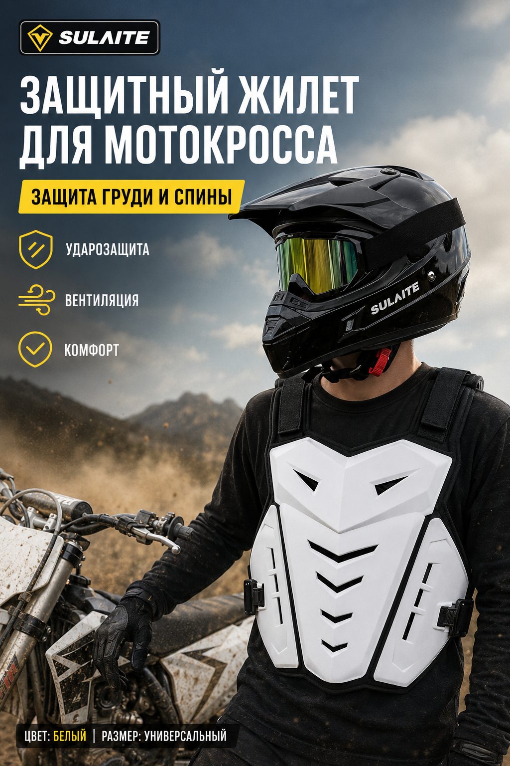 Моточерепаха SULAITE, защитная экипировка, для мотокросса и эндуро, защита груди и спины, белая, универсальная