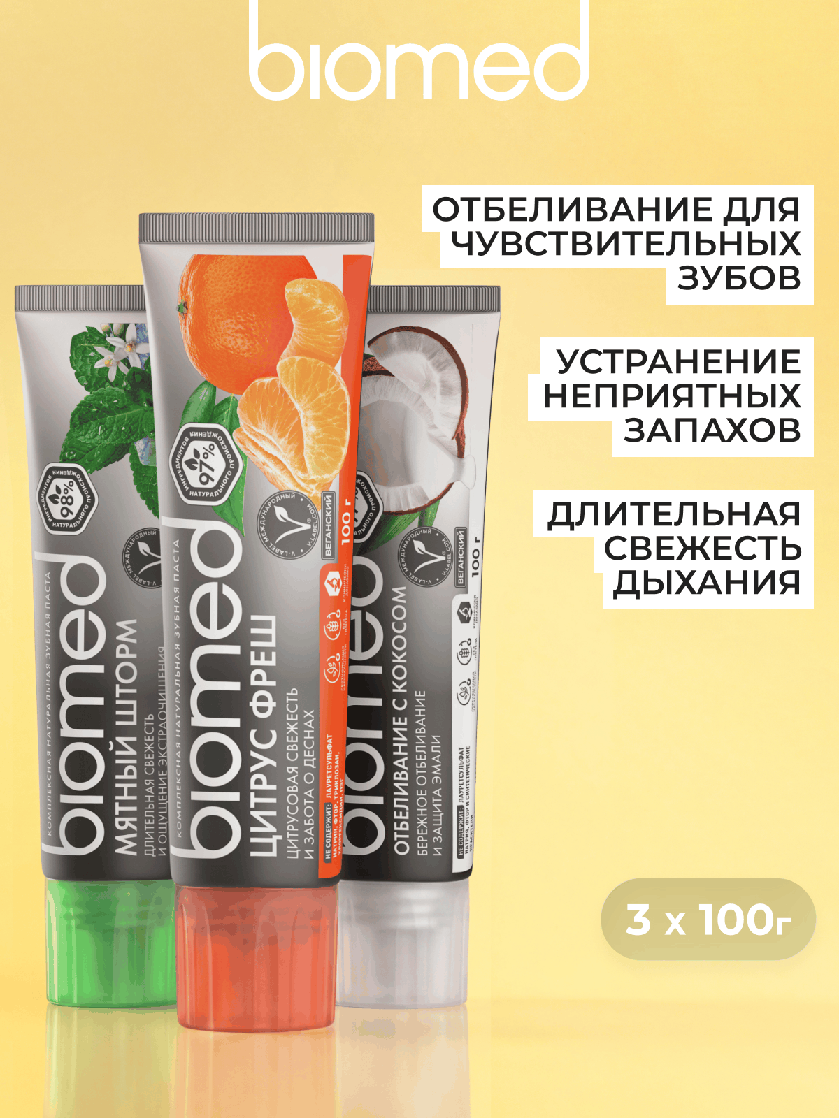 Зубные пасты BIOMED: цитрус фреш + отбеливание С кокосом + мятный шторм. 3шт х 100 г