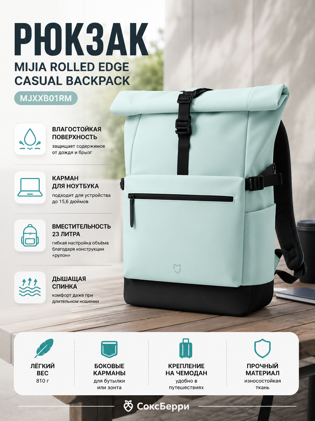 Рюкзак Mijia Rolled Sky Blue MJXXB01RM, полиэстер, на молнии, 23л
