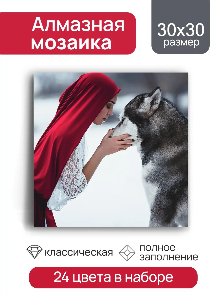 Алмазная мозаика (классическая) 30х30см, с подрамником, с полным заполнением (24цв) Девушка и хаски зимой (Арт. НД-1064)