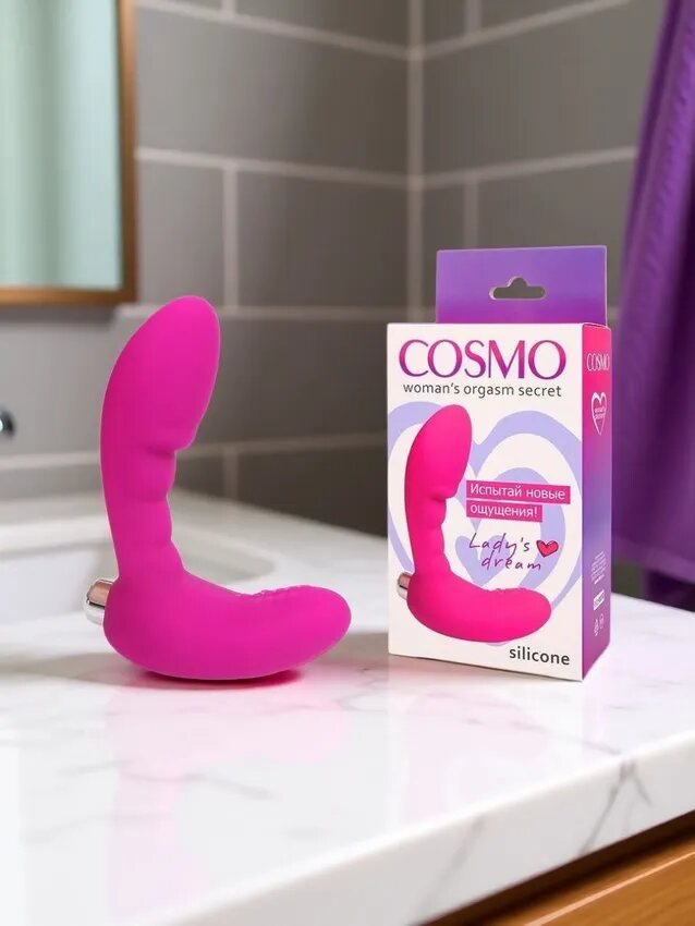 Вибромассажер COSMO, силикон, розовый, с отростком, водонепроницаемый, батарейки в комплекте