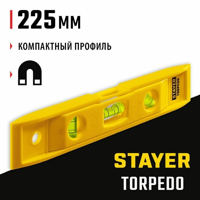 Уровень магнитный короткий TORPEDO STAYER 225 мм, Master