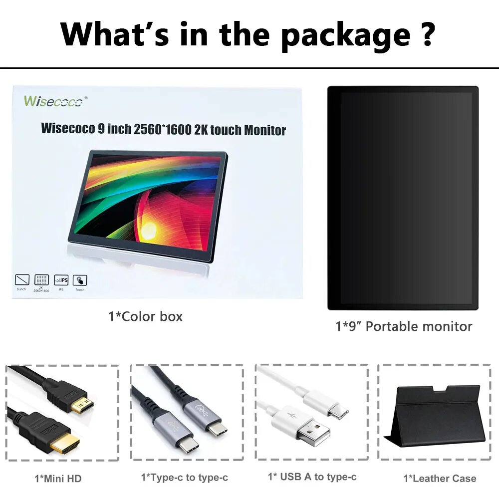 Портативный сенсорный монитор Wisecoco 9 дюймов 2K 2560x1600, 500 кд/м², IPS, USB-C, HDMI, второй экран для Raspberry Pi, ноутбуков, телефонов, PS5