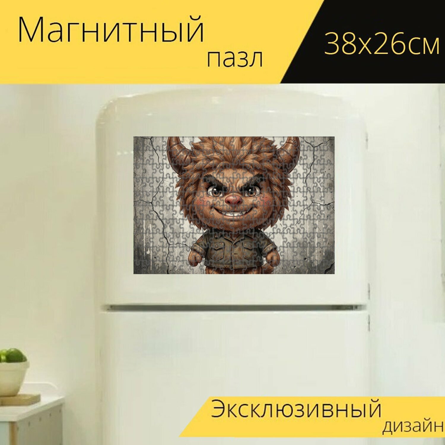 Магнитный пазл "Забавный рогатый зверёк. Мультяшный пушистый монстр с большими глазами, коричневой шерстью и зелёной курткой стоит на фоне растрескавшейся." для интерьера, 38х26 см.