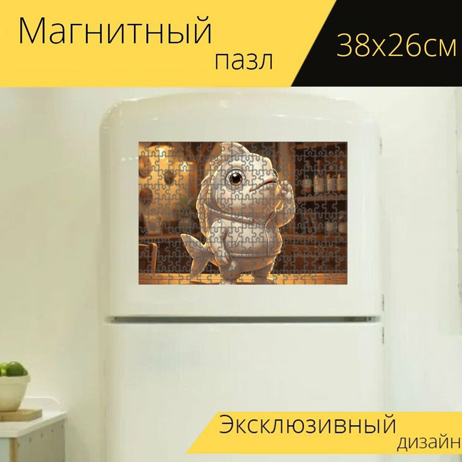 Магнитный пазл "Смешная рыбка в худи. Очаровательный морской герой в светлой одежде стоит на деревянном столе в уютной кухне; мягкий 3D-стиль, теплые." для интерьера, 38х26 см.