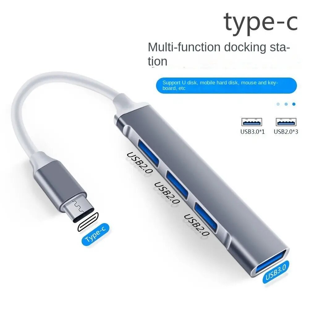 USB-C хаб 4 порта USB 3.0, серебристый