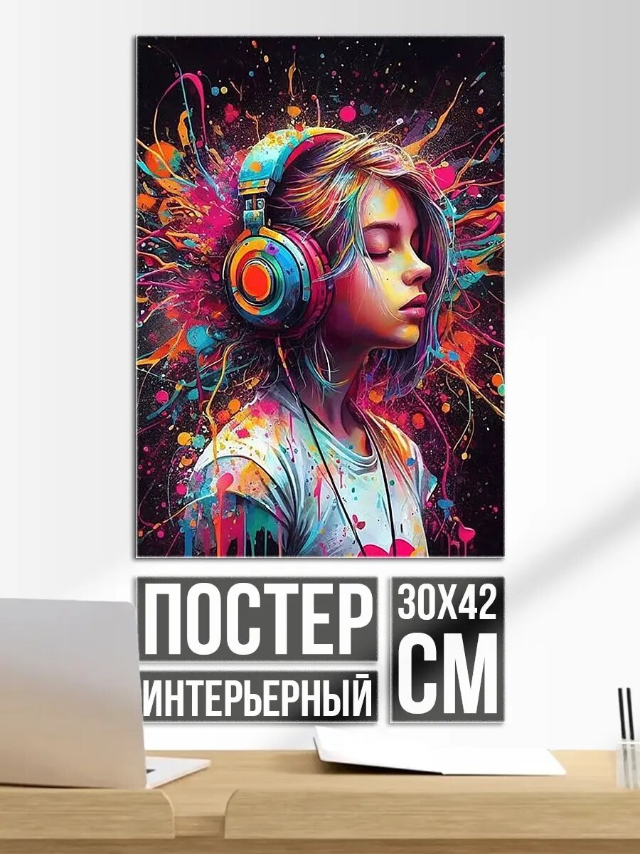 Плакат постер Девушка в наушниках