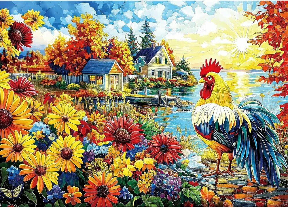 Деревянные пазлы 1000 элементов, подарочная упаковка,50x75cm, Петух и подсолнух, подарочный набор для взрослых, продвинутый уровень сборки 5-10.