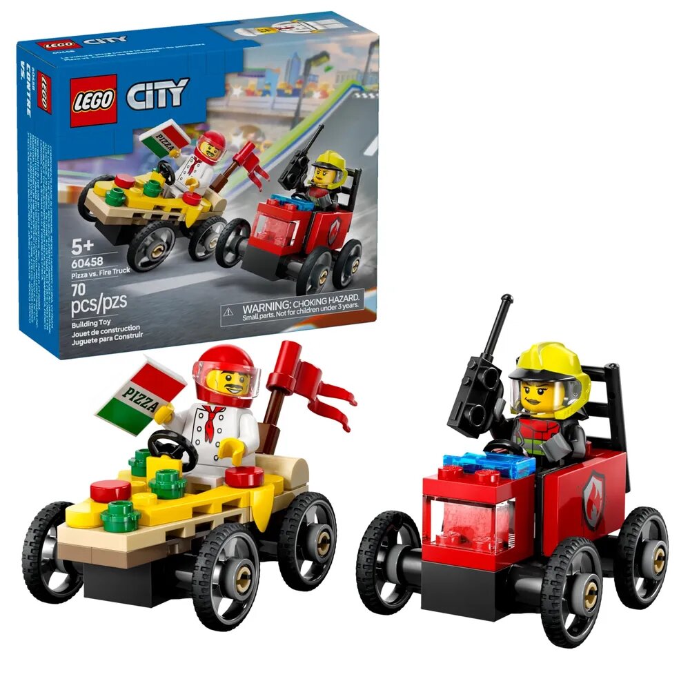 Лего City серия, LEGO 60458 Пицца против Набор гоночных автомобилей для пожарной машины, lego конструктор для мальчика, лего для девочек
