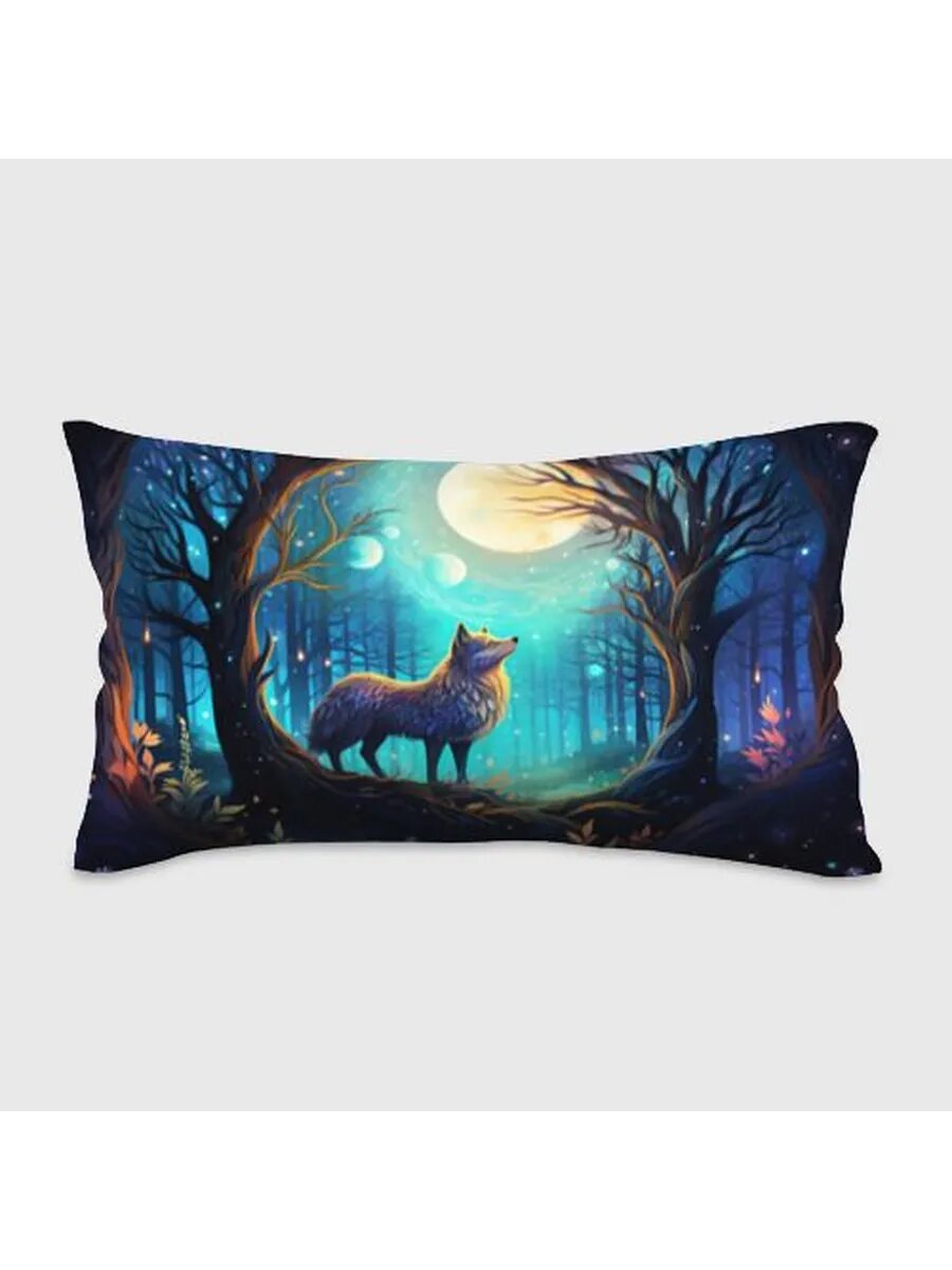 Волк в ночном лесу в folk art стиле Подушка