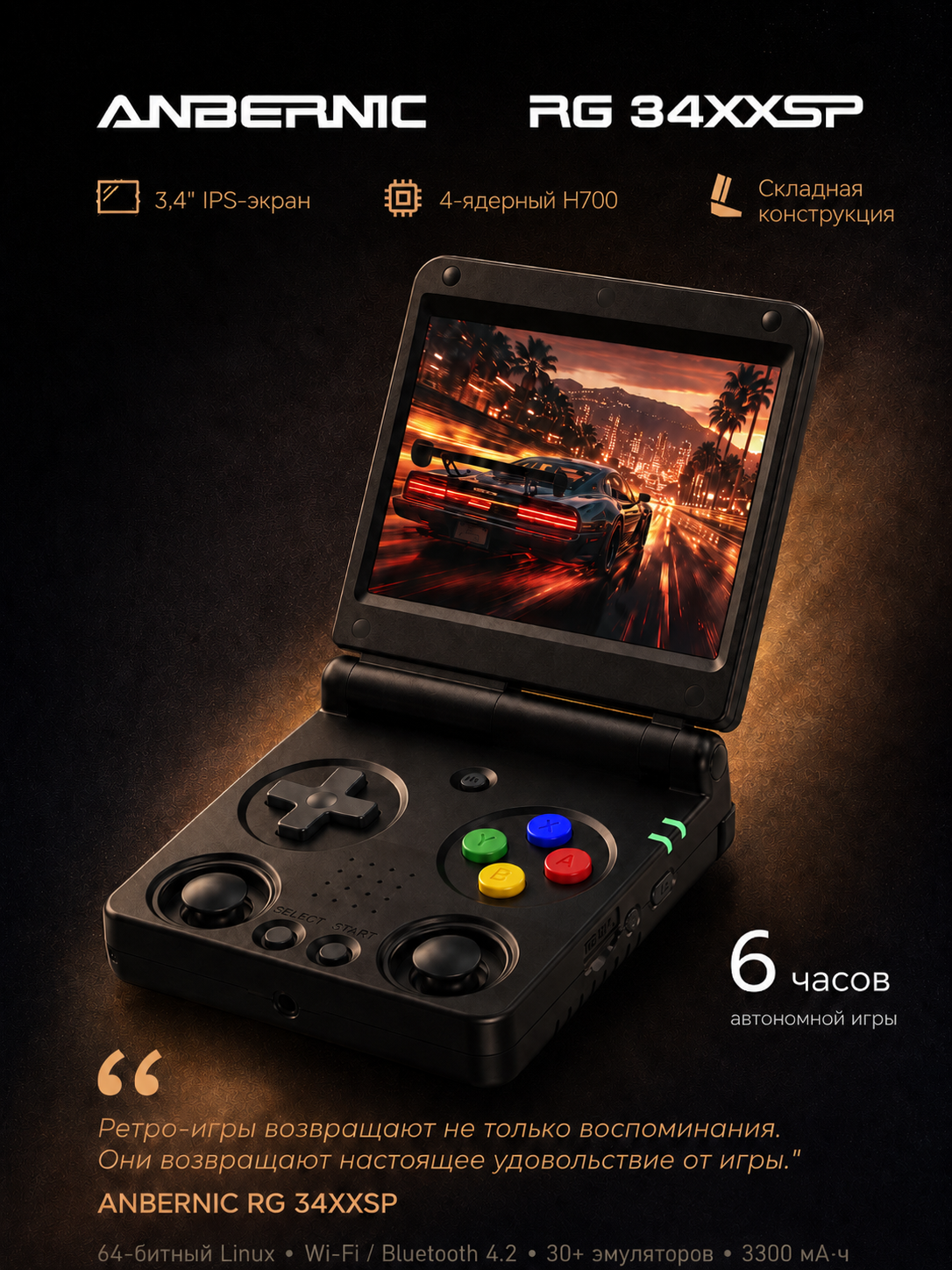 Anbernic RG34XX SP Black 64GB Ретро-аркадная портативная игровая консоль