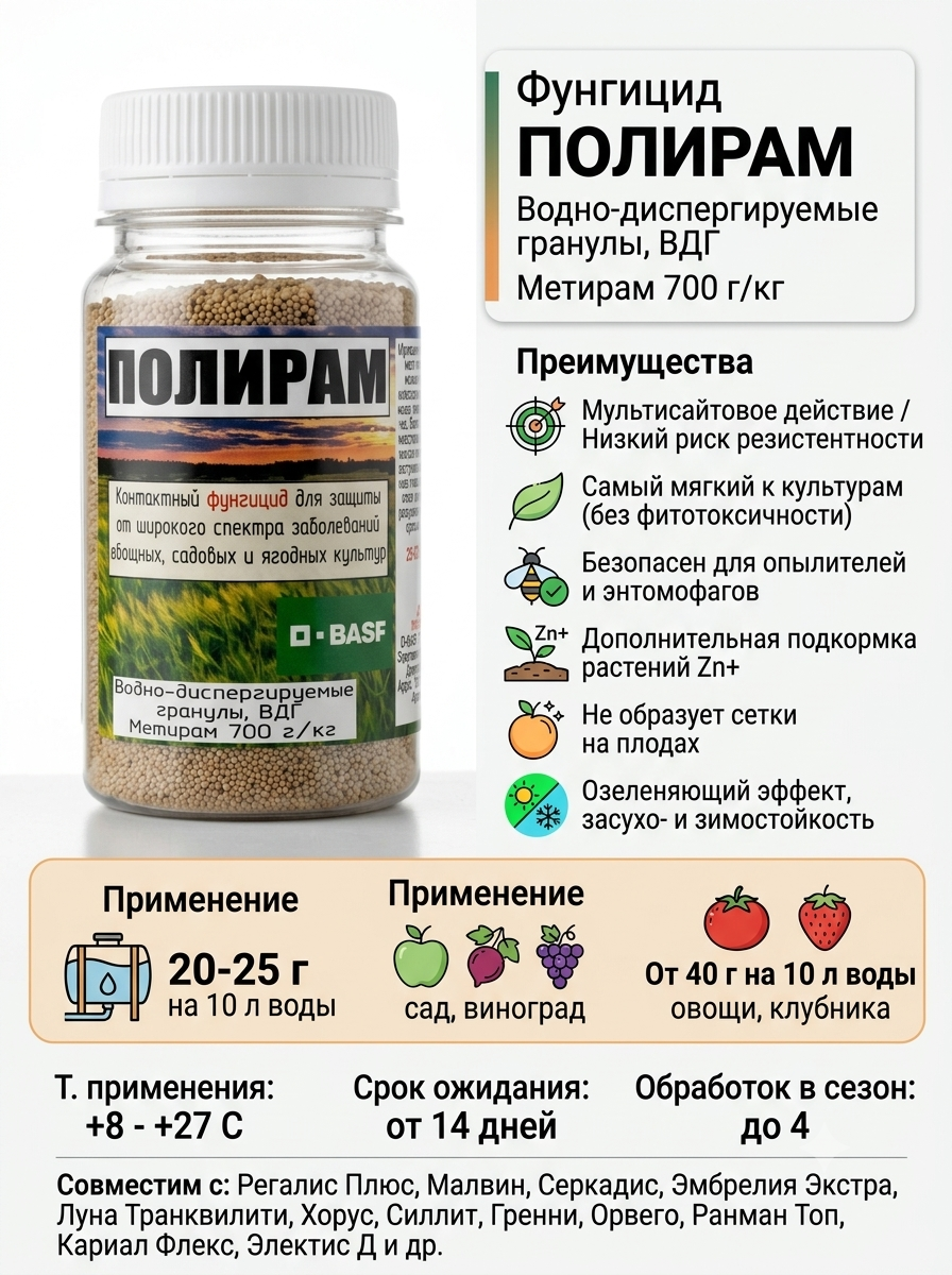 Полирам фунгицид для борьбы с болезнями плодовых, овощных и ягодных культур, 150 грамм, фасовка