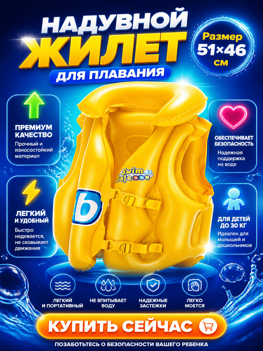 Жилет для плавания надувной BESTWAY Swim Safe 51x46см премиум, Арт. 32034