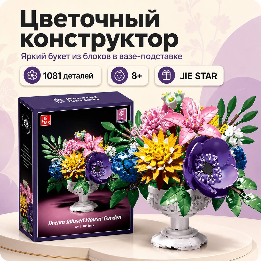 Цветочный конструктор букет в вазе-подставке, 1081 деталь, подарок для детей и взрослых