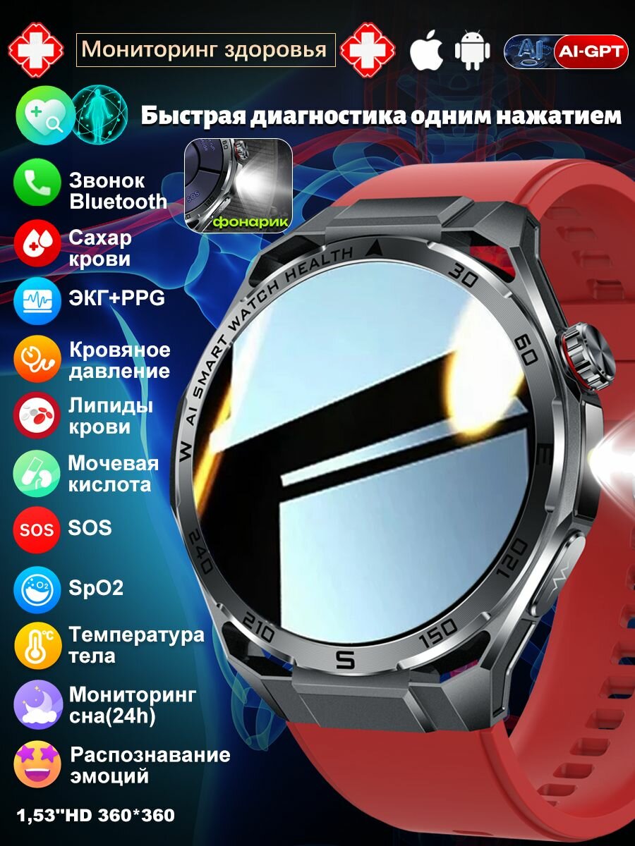Cмарт часы мужские наручные круглые с экг, HRV, с 1.53'AMOLED экраном, с измерением давления, фитнес браслет женский с измерением сахара в крови,