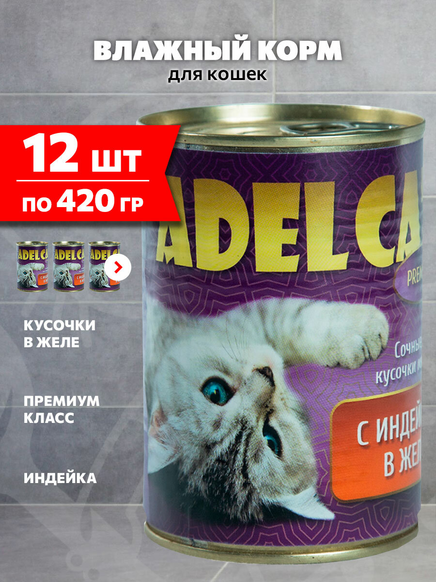 Корм влажный Adel Cat Premium для взрослых кошек сочные кусочки мяса с индейкой в желе, 420 г х 12 шт