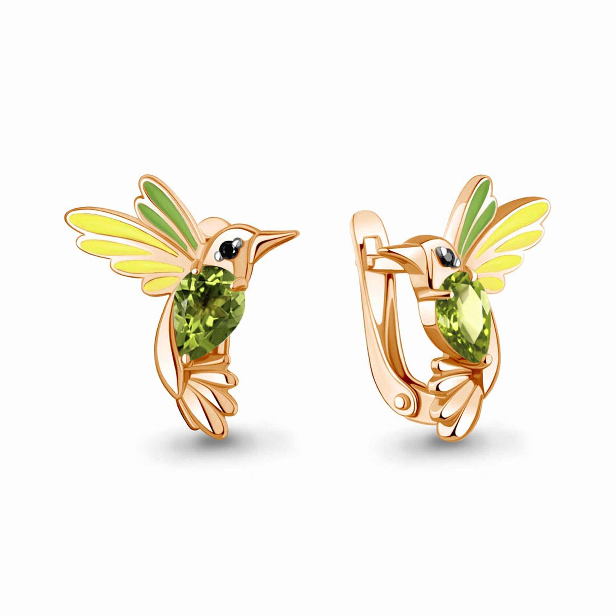 Серьги, серебро, 925 проба, золочение, кристалл, хризолит, эмаль