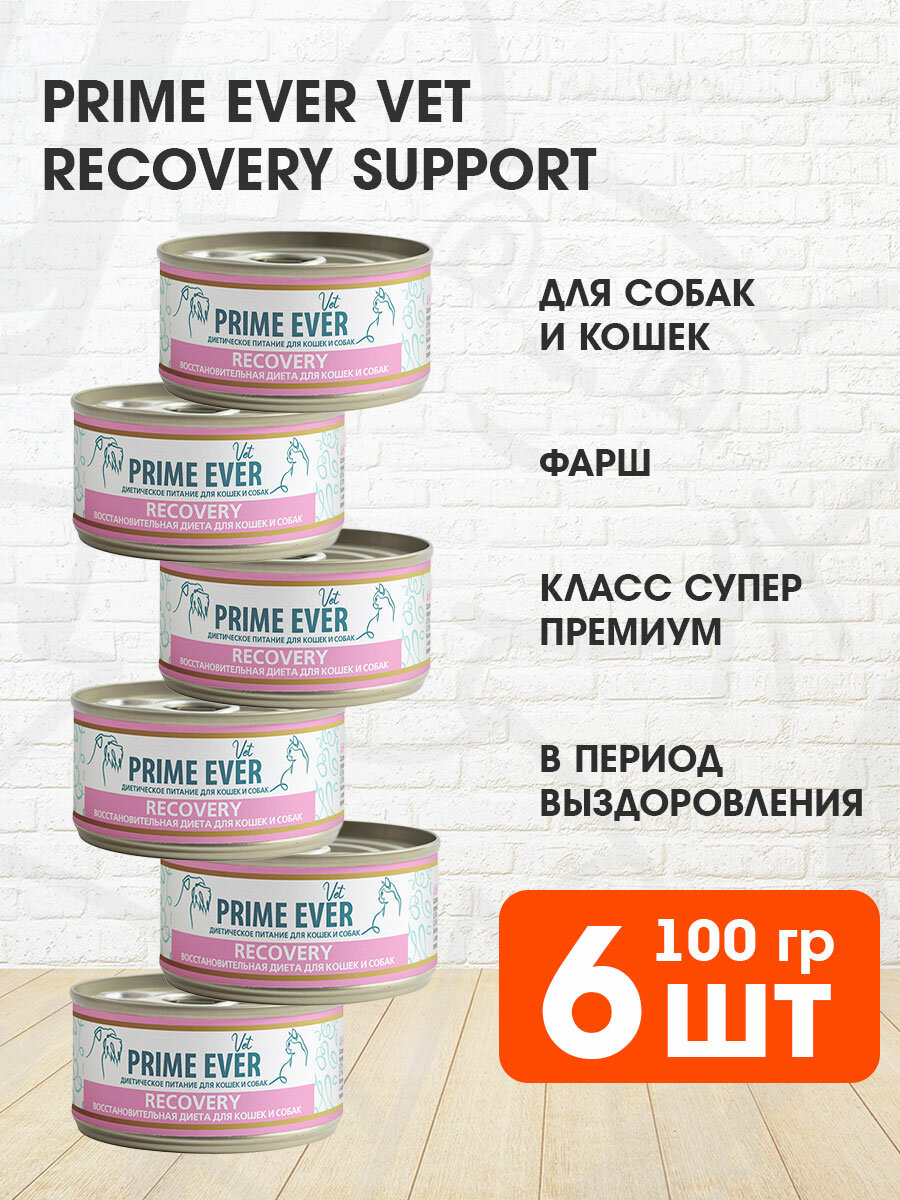 Корм влажный Prime Ever Vet Recovery Support для собак и кошек в период анорексии, восстановления, 100 г х 6 шт