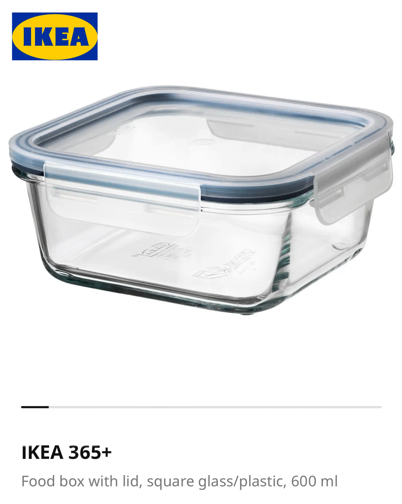 Жаропрочный стеклянный контейнер IKEA 365+, 600 мл, с пластиковой крышкой, квадратный