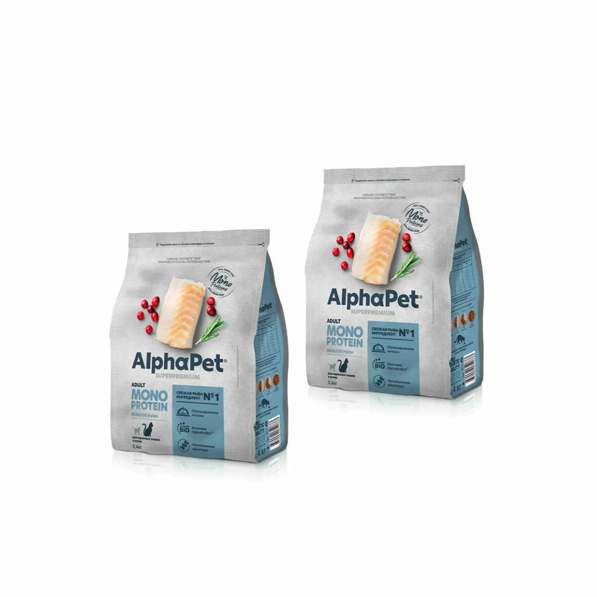 AlphaPet Корм сухой полнорационный Monoprotein для взрослых кошек с Белой рыбой, 400 гр, 2 уп.