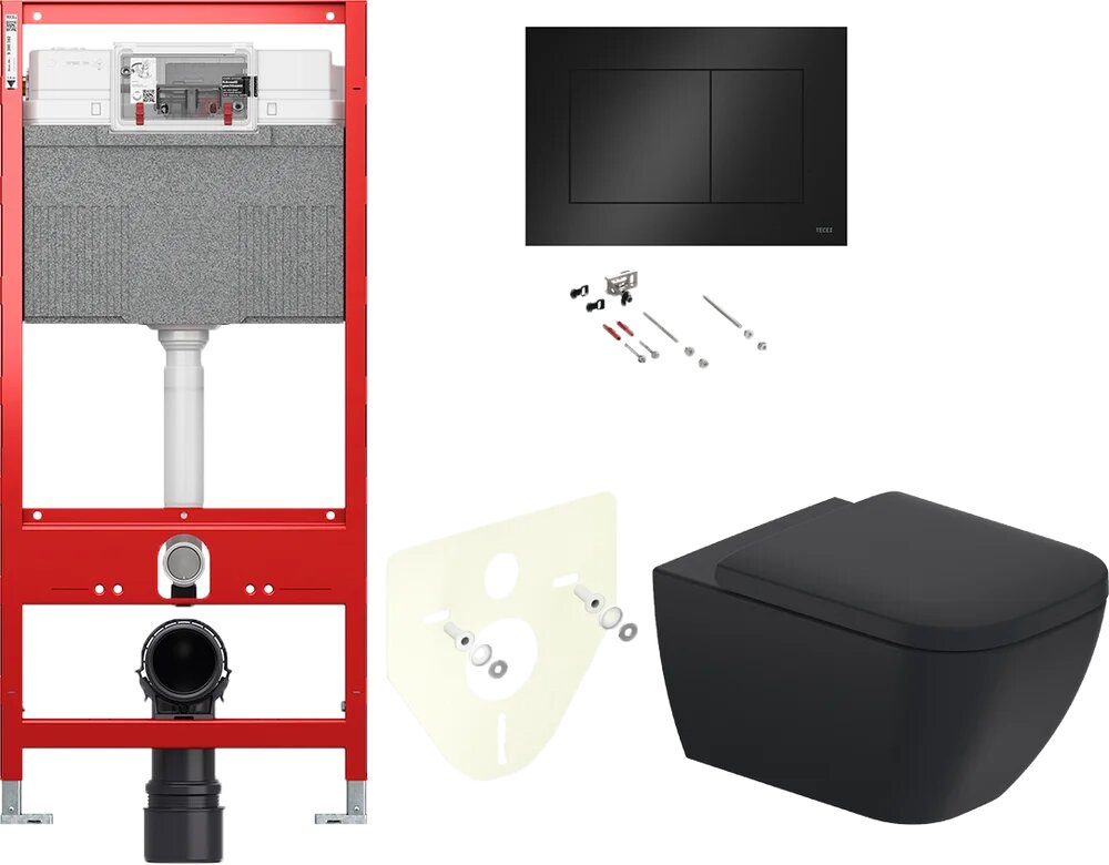 Комплект Унитаз подвесной Duravit Happy D.2 2222098900 rimless / Крышка 0064591300 / Инсталляция TECE Profil с шумоизоляцией, Кнопка Now 9240407 черный матовый