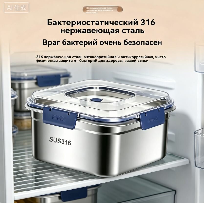 Одиночный пищевой контейнер из нержавеющей стали 316 объемом 2500 мл с герметичной крышкой и замками, комплектация 1 штука, серебристый цвет