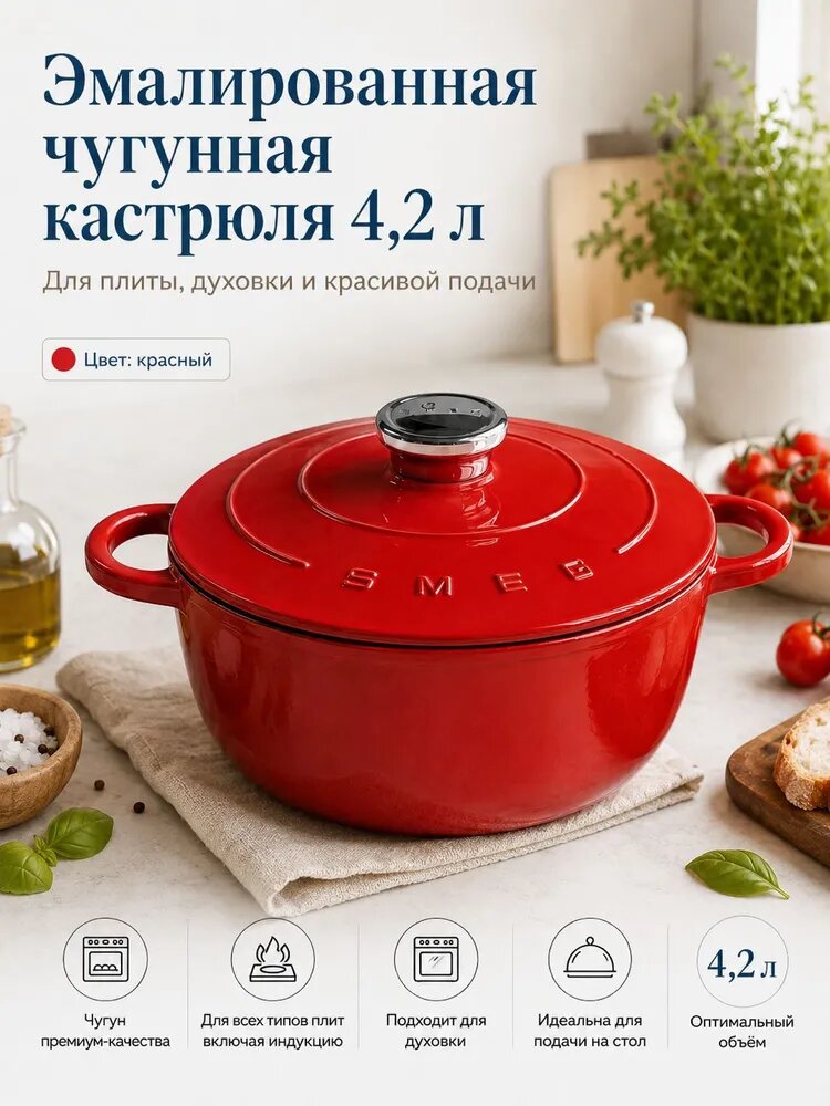 Эмалированная чугунная кастрюля Smeg 4,2 л, подходит для всех типов плит, включая индукционные