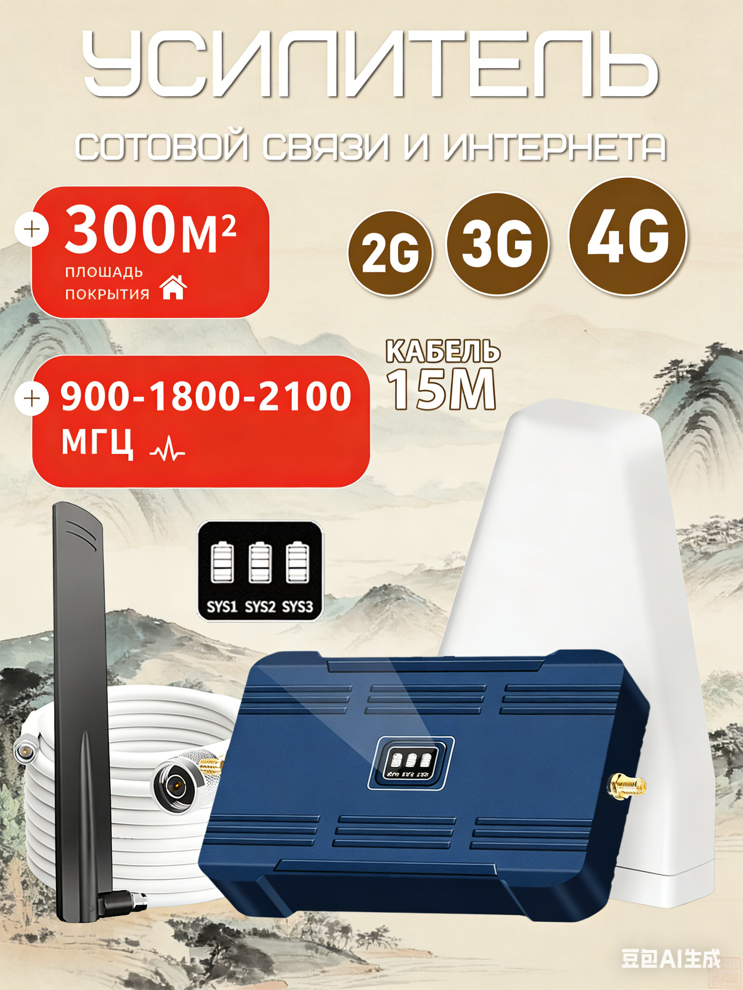 Усилитель сотовой связи 900/1800/2100 МГц (2G/3G/4G): до 70 км, направленный, синий, 1.3 кг