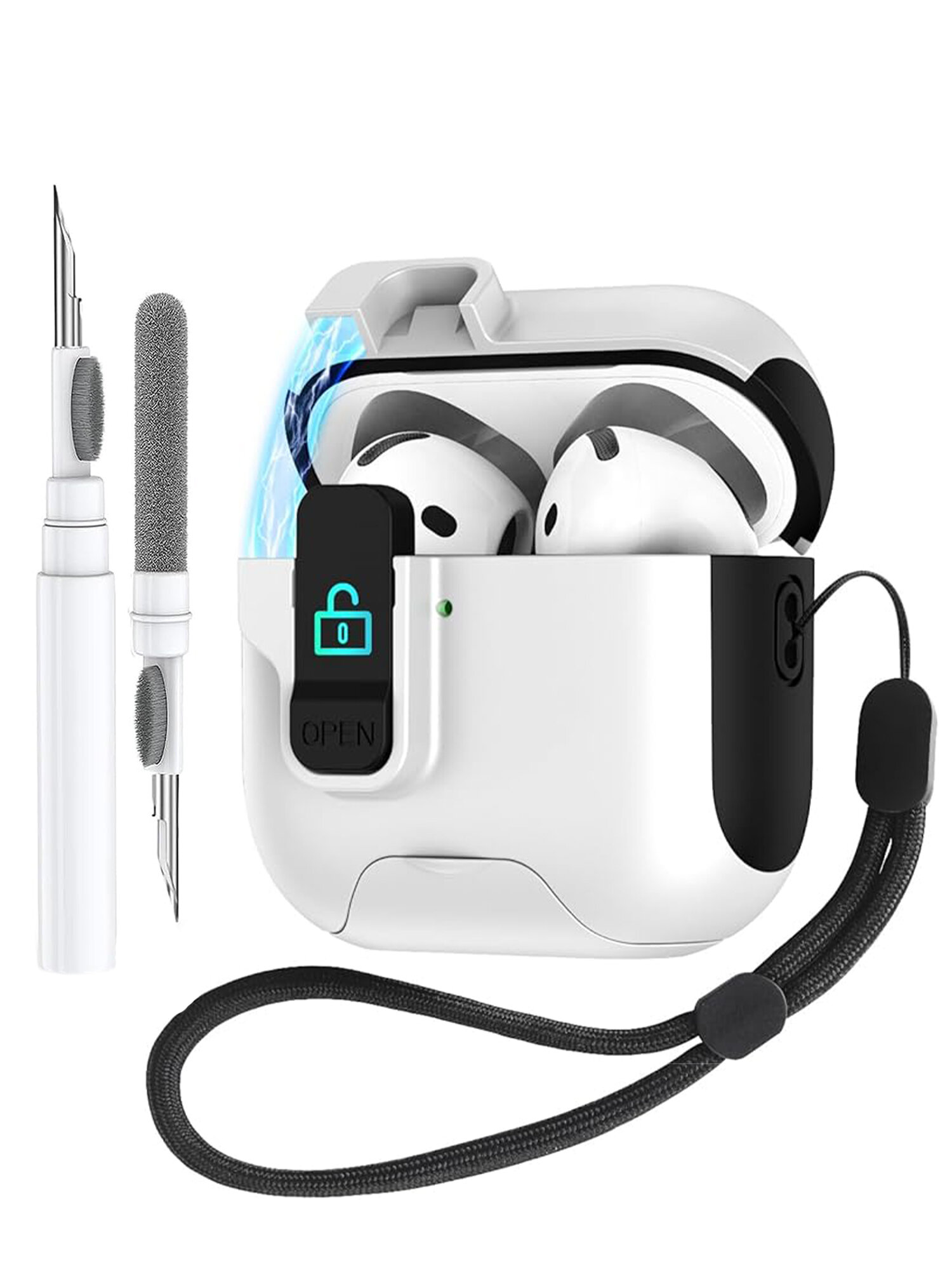 Чехол для наушников AirPods 4 (2024) пластиковый с замком и шнурком + белая щетка, черно-белый
