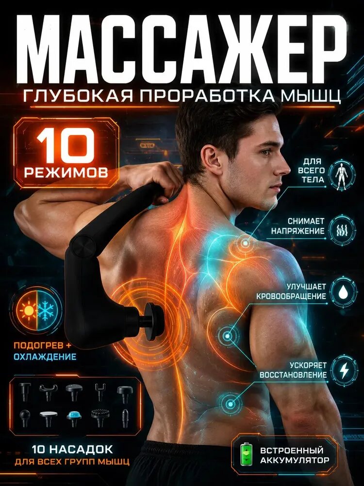 Массажер для тела с перкуссионными насадками черный