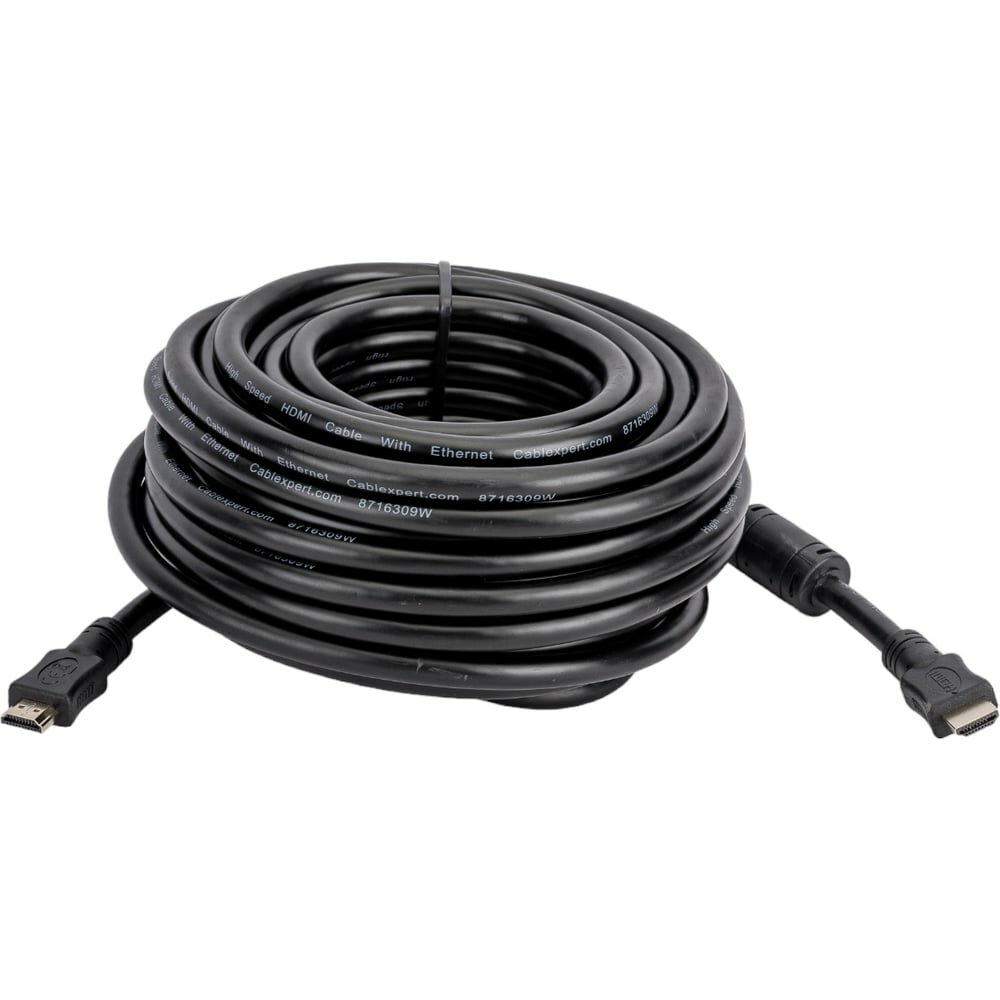 Кабель HDMI Cablexpert 19M/19M, v2.0, медь, позол. контакты, экран, 2 фер. кольца, 15м, черный, пакет, HDMI CCF2-HDMI4-15M — фото 1