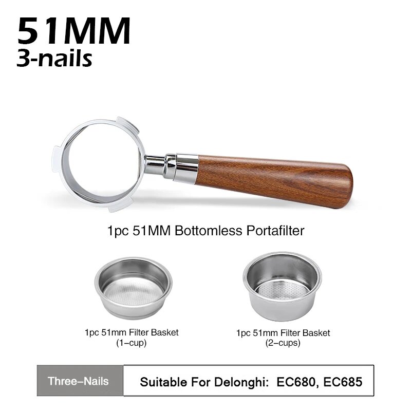 Бездонный портафильтр CafeGaGa 51 мм для Delonghi EC680 EC685 EC200 Коричневый, 51mm 3 Nails Z
