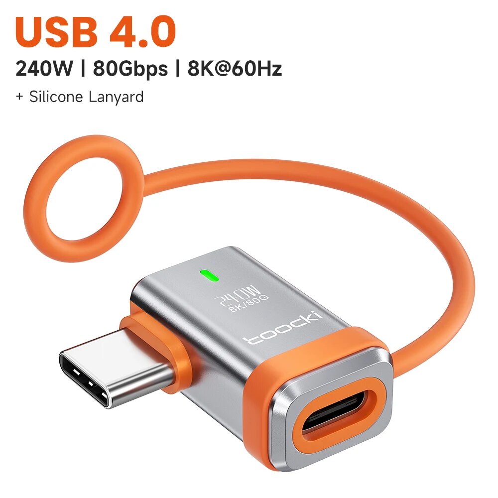 Адаптер Toocki USB4.0 240W для быстрой зарядки и передачи данных OTG, 80 Гбит/с, M to F Bend Left