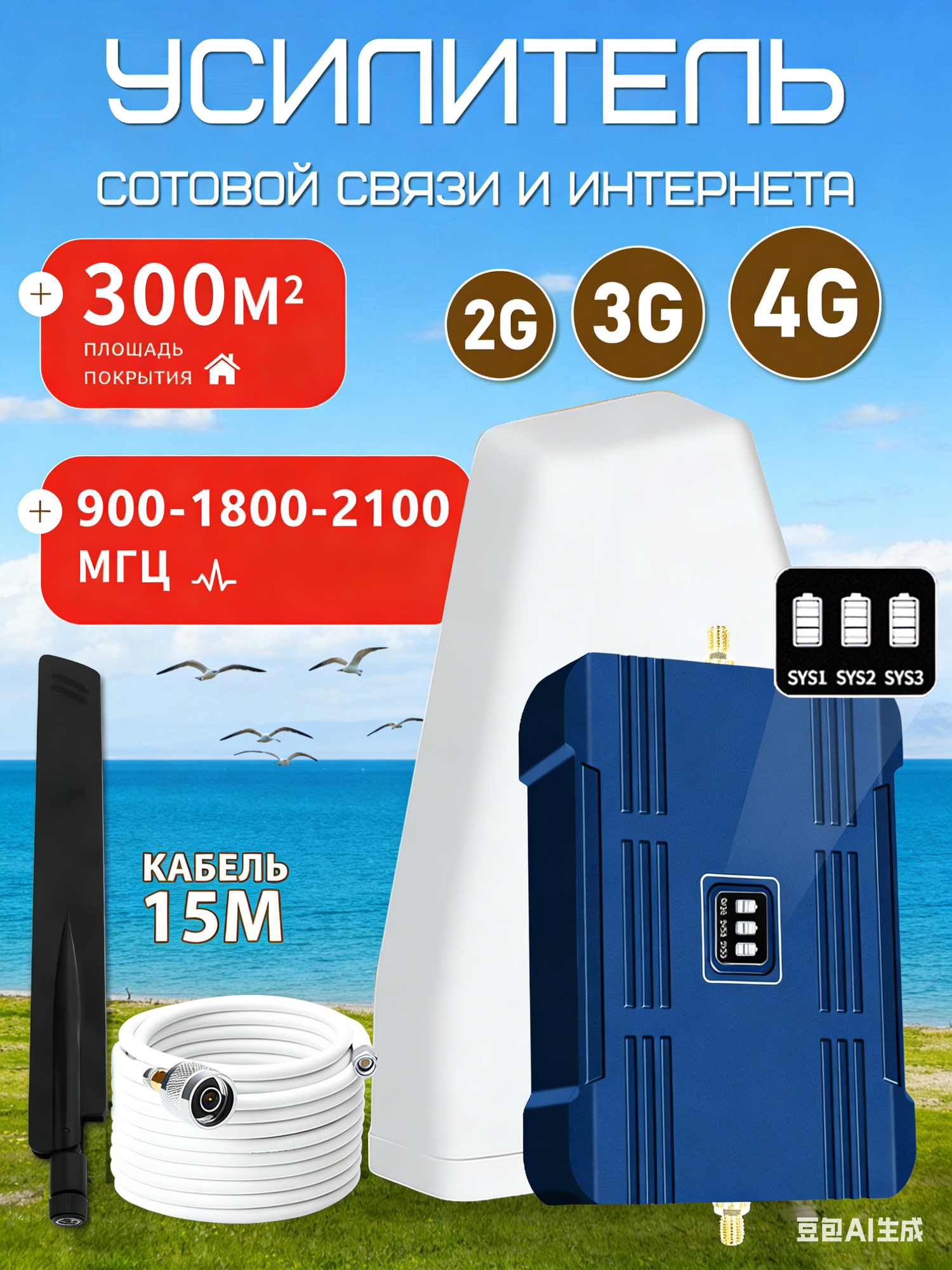 Усилитель сотовой связи 900/1800/2100 МГц (2G/3G/4G): до 70 км, направленный, синий, 1.3 кг
