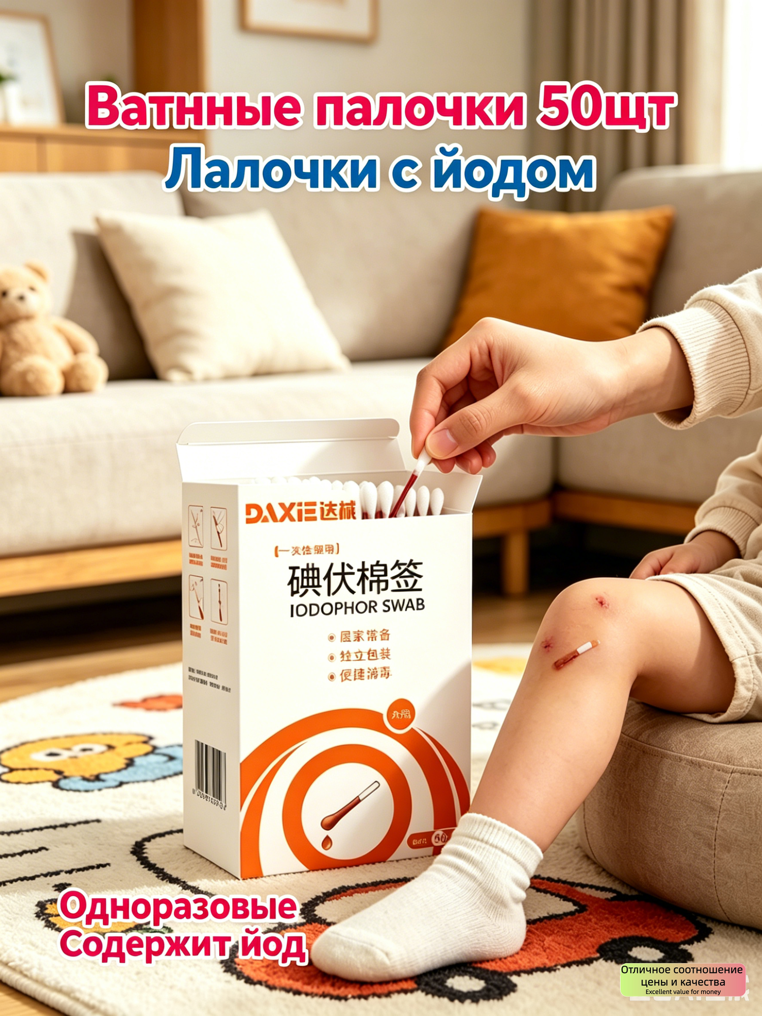 Ватные палочки "Палочки с Йодом", для детей, пластик, 50 штук