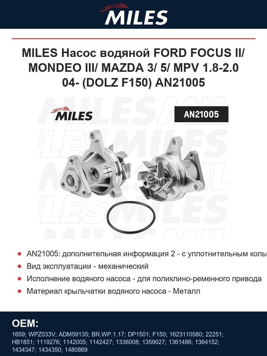 MILES Насос водяной FORD FOCUS II/ MONDEO III/ MAZDA 3/ 5/ MPV 1.8-2.0 04- (DOLZ F150) AN21005